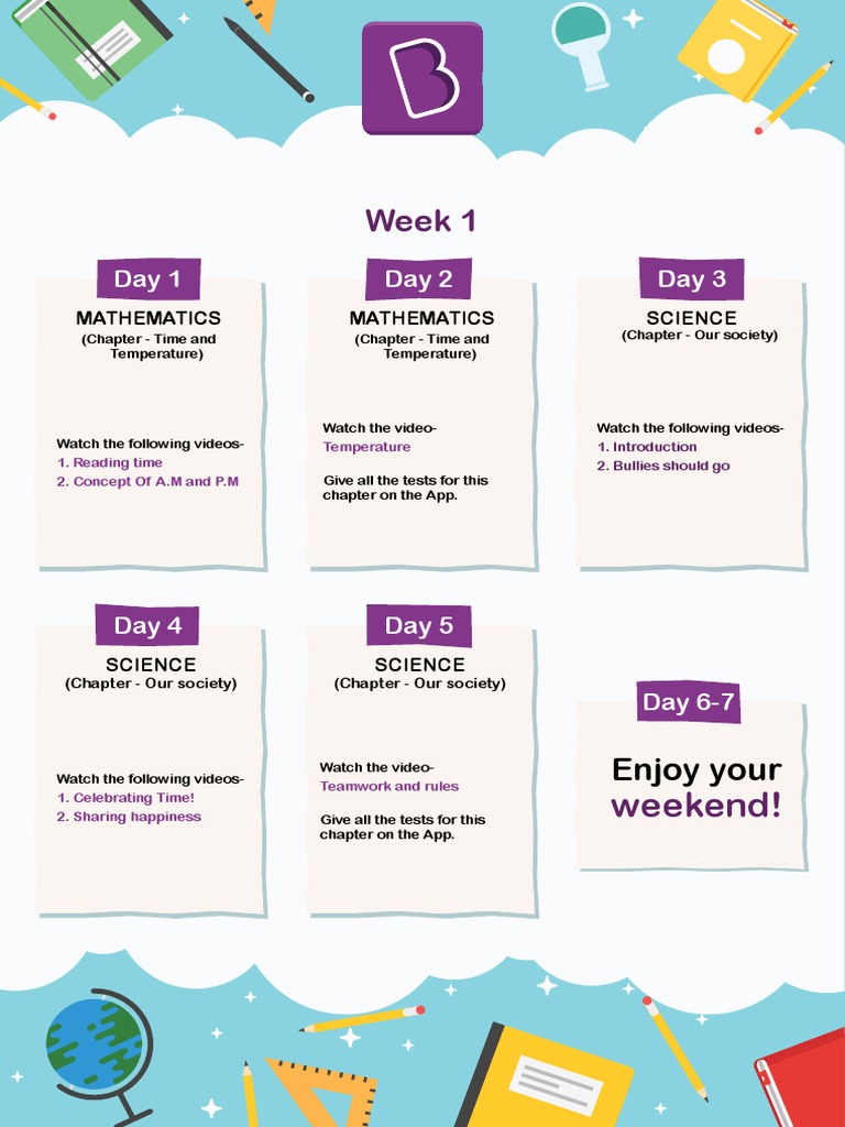 A Weekly Schedule of Mathematics and Science Lessons with Corresponding ...
