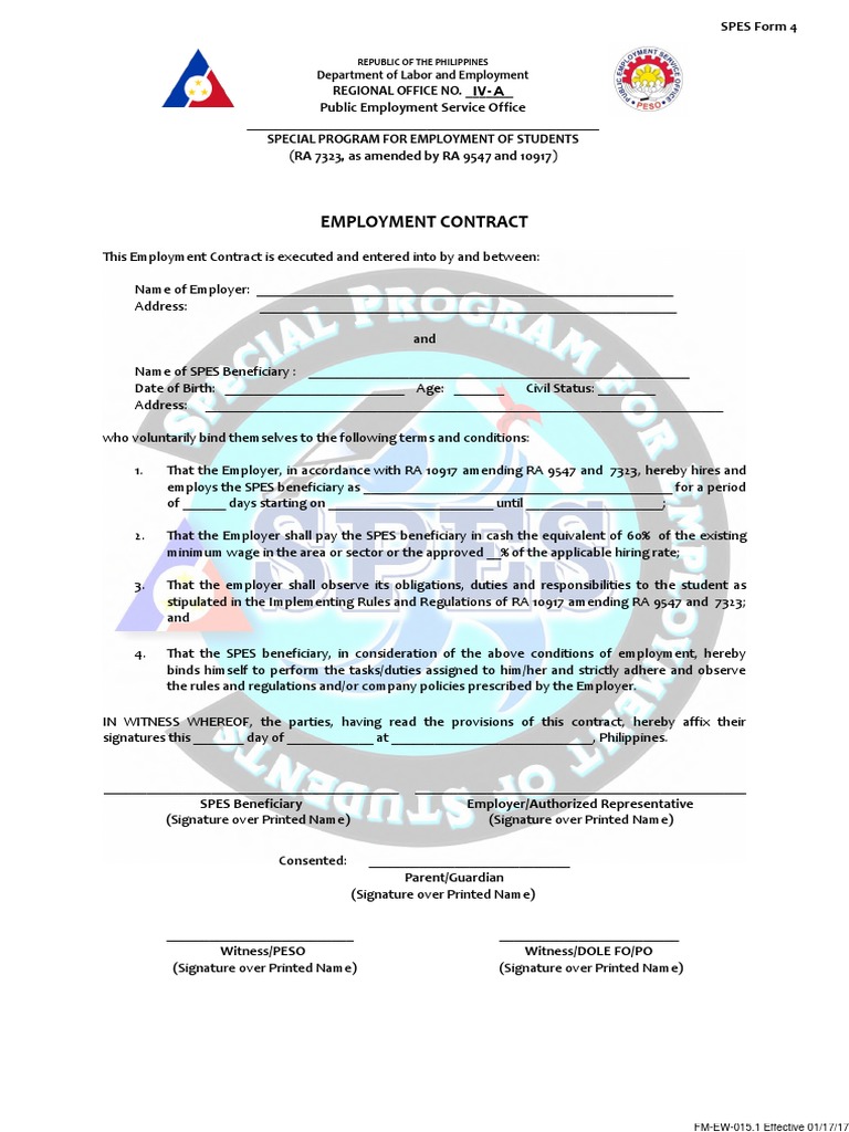 SPES Form 4 Employment Contract | PDF | Employment | Private Law