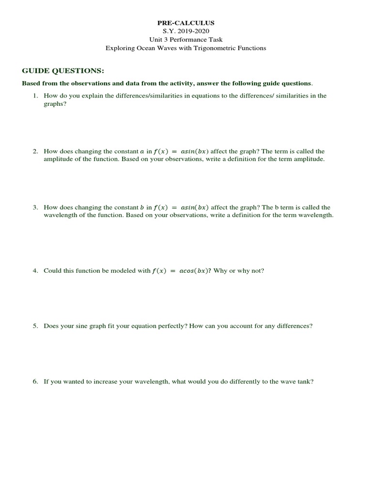 Guide Questions For Final Performance Task in Pre-Calculus 1920 | PDF