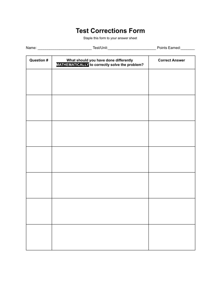Math Test Corrections Form | PDF