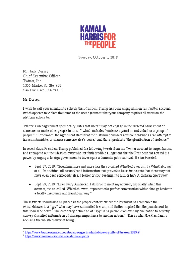 Kamala Harris Letter to Twitter CEO Jack Dorsey | Whistleblower | Espionage