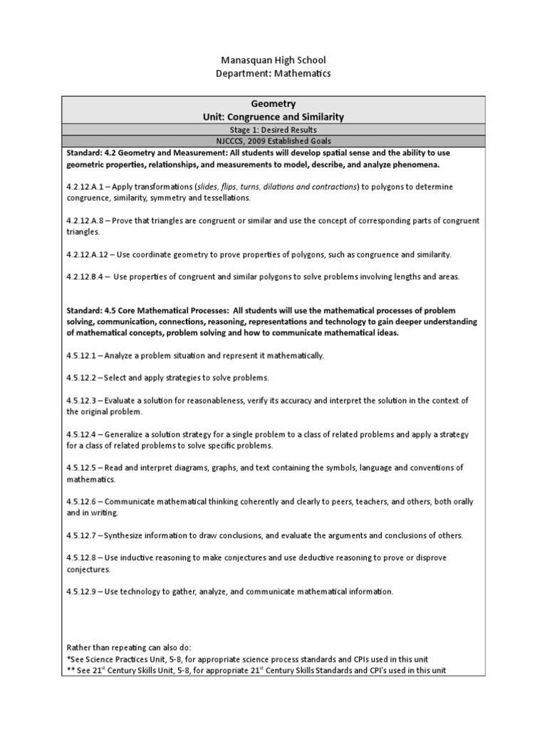 Geometry Unit: Congruence and Similarity: Manasquan High School ...