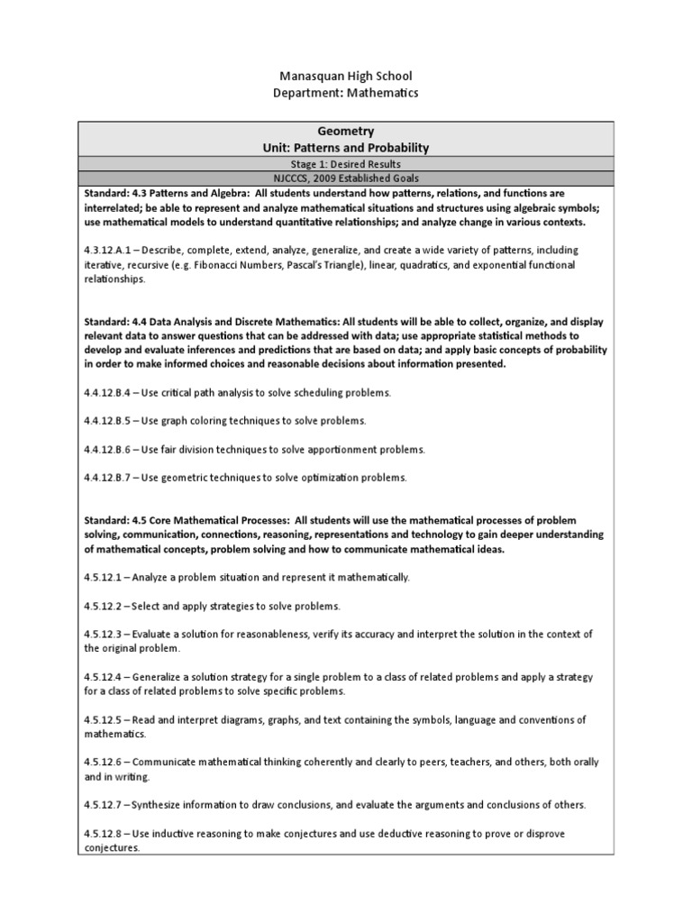 Geometry Unit: Patterns and Probability: Manasquan High School ...