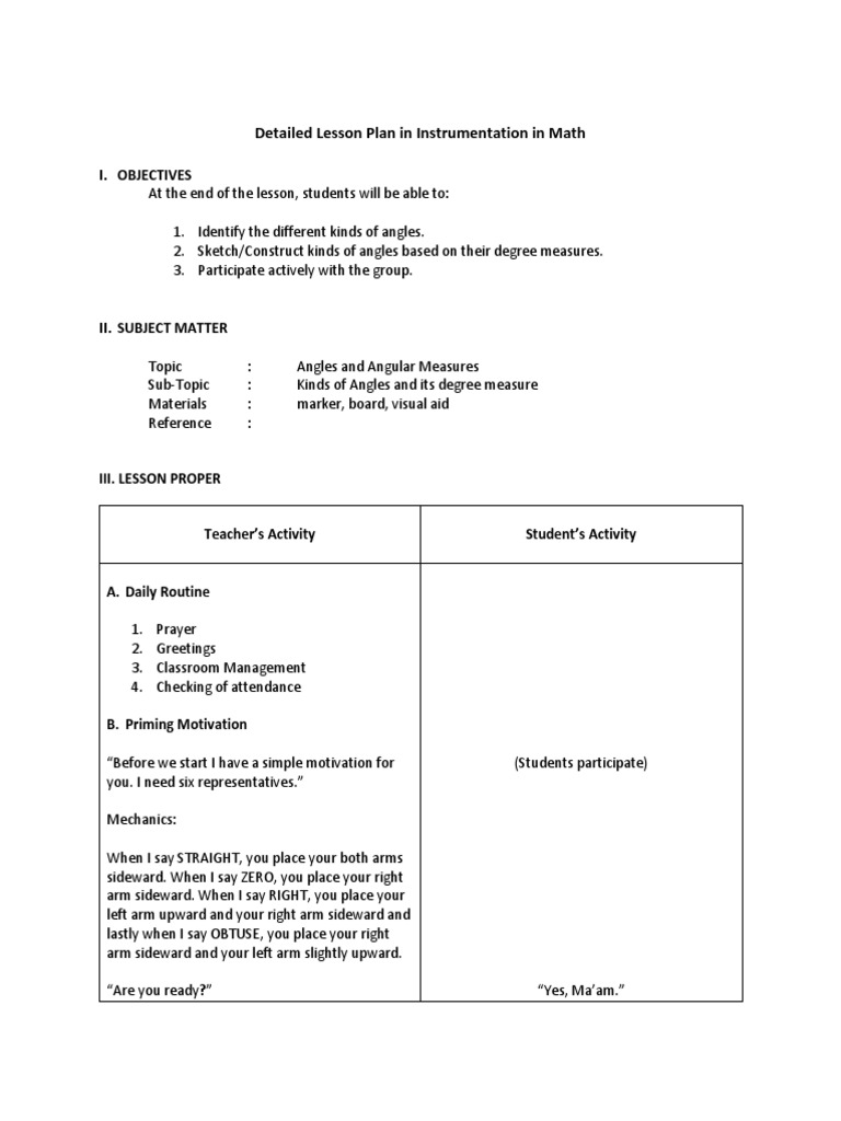 Detailed Lesson Plan Angle Measurement | PDF | Angle | Learning