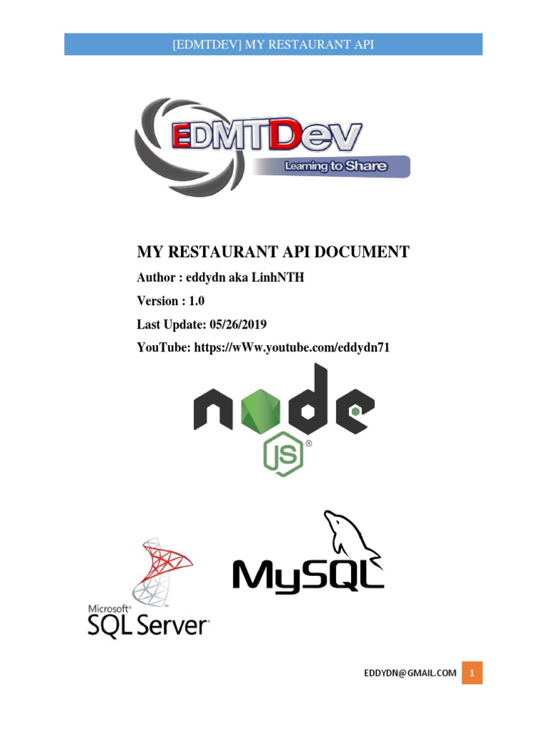 My Restaurant API Document | PDF | Microsoft Sql Server | My Sql