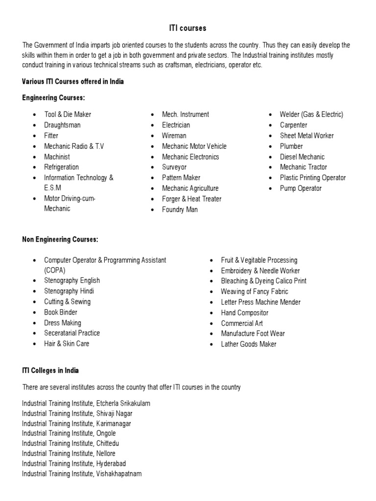 ITI Courses: Various ITI Courses Offered in India Engineering Courses ...