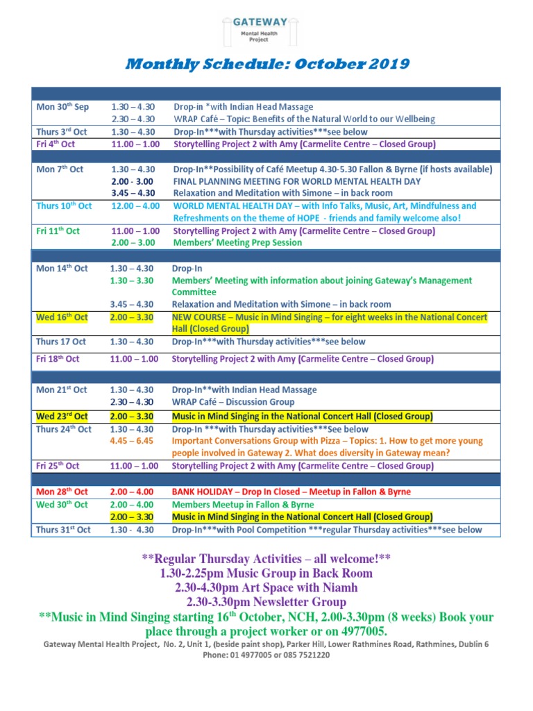 Monthly Schedule October 2019 | PDF | Social Science | Art