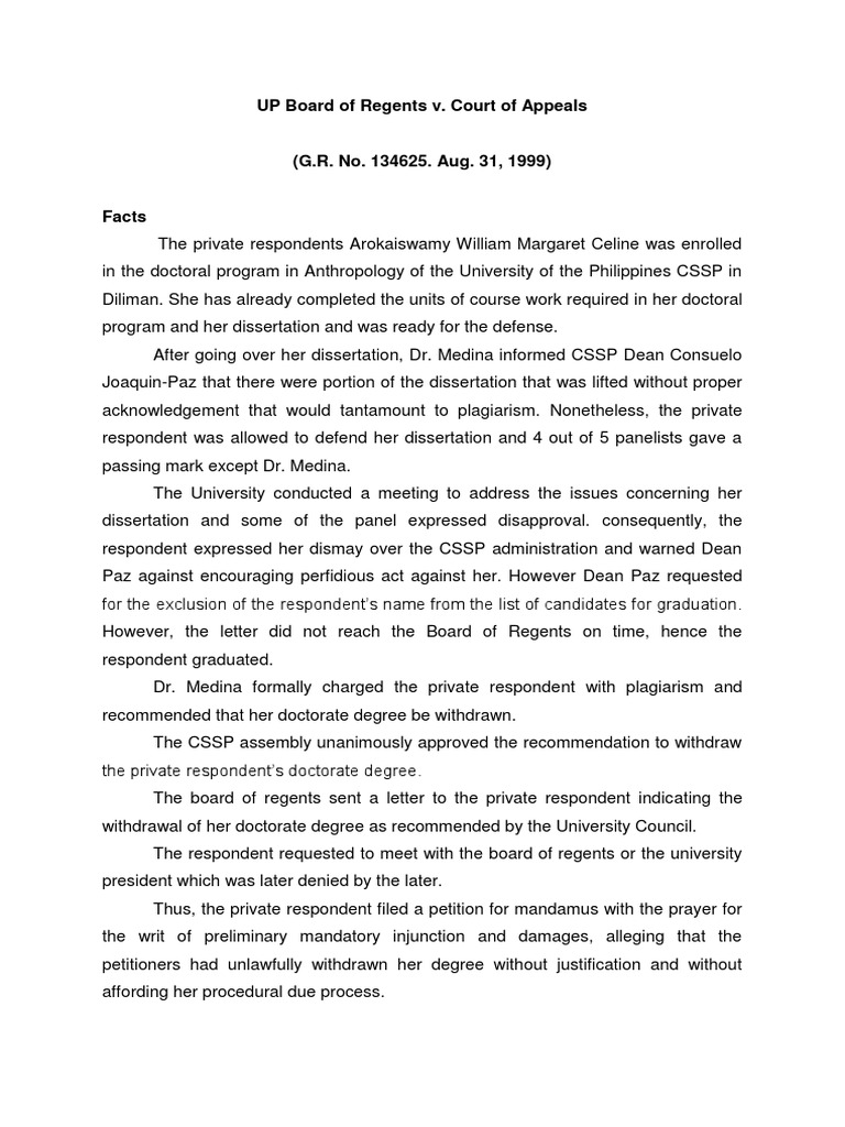 Case Digest-1 UP v. CA GR.no. 134625 Aug. 31, 1999 | Doctorate | Thesis ...