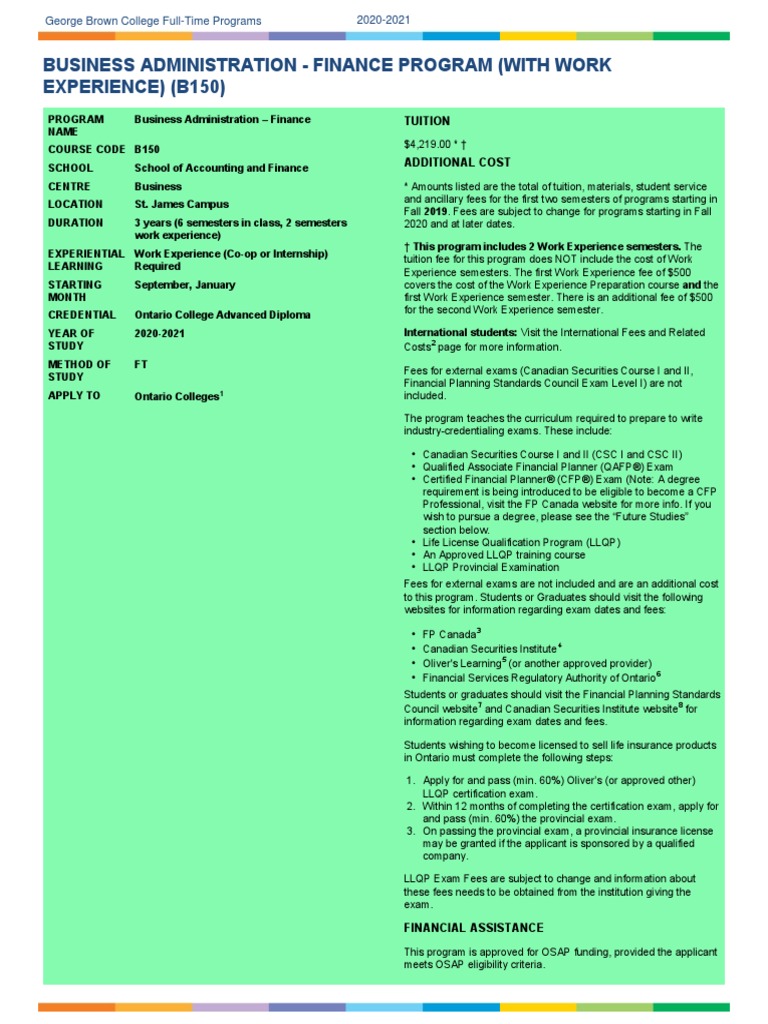 Business Administration - Finance Program (With Work EXPERIENCE) (B150 ...