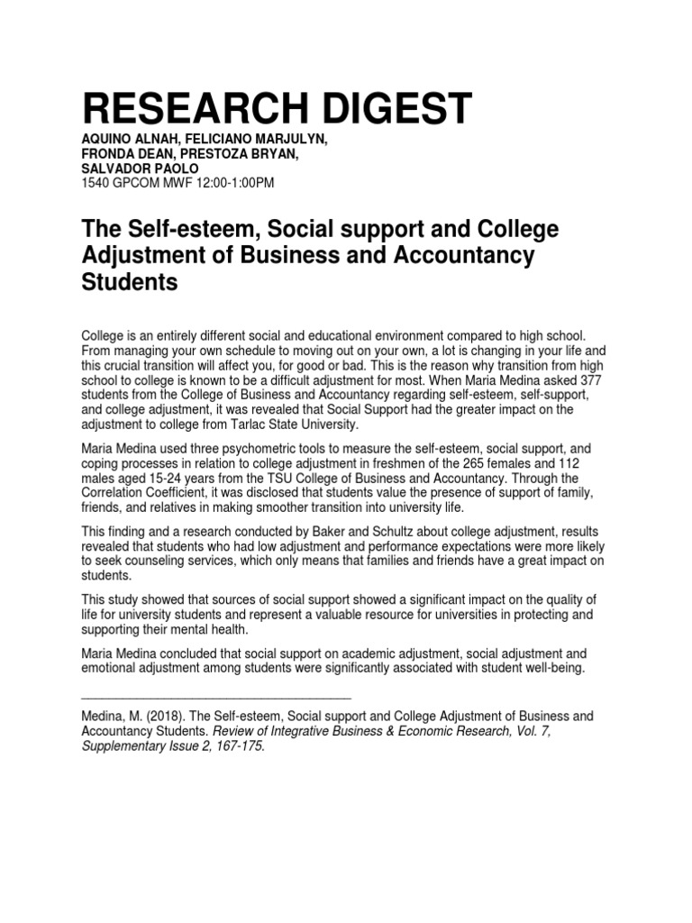 Research Digest: The Self-Esteem, Social Support and College Adjustment ...