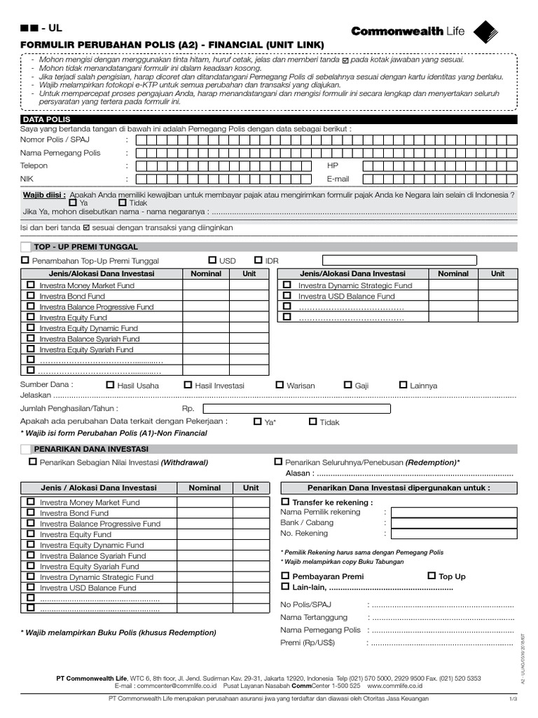 Formulir Perubahan Polis (A2) - Unit Link | PDF | Bisnis | Hukum