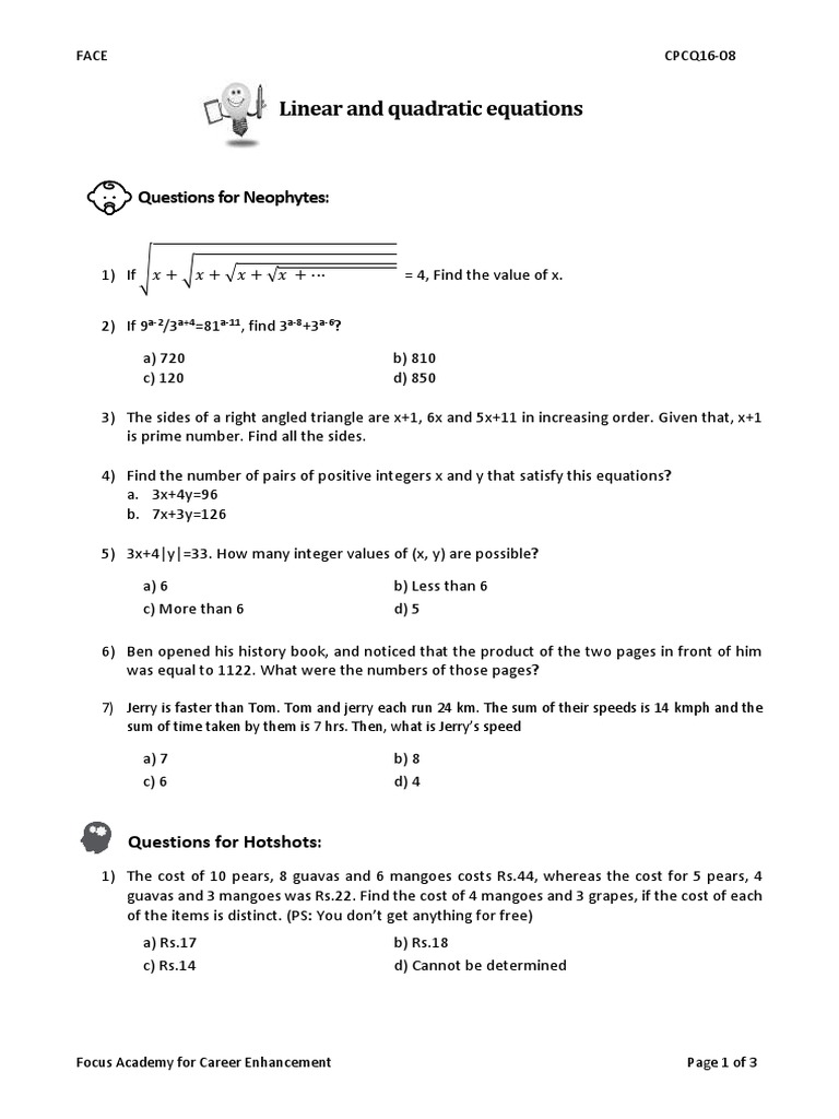 Linear and Quadratic Equations: Questions For Neophytes | PDF | Numbers ...