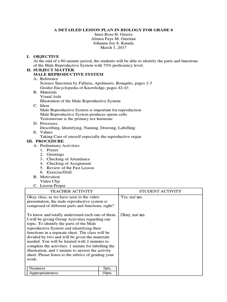 A Detailed Lesson Plan in Biology For Grade 8 | PDF | Testicle ...