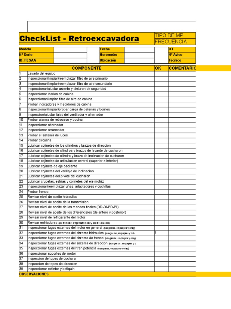 Material Checklist Retroexcabadora Lavado Inspeccionar Indicadores ...