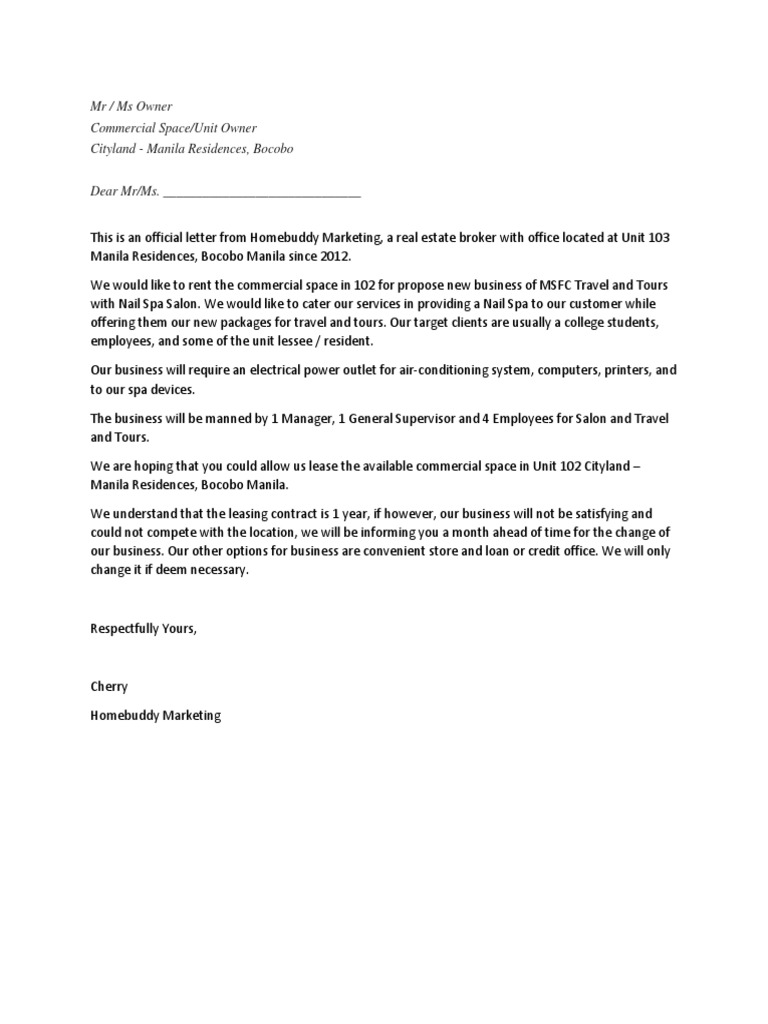 Letter of Intent to Lease Commercial Space | PDF