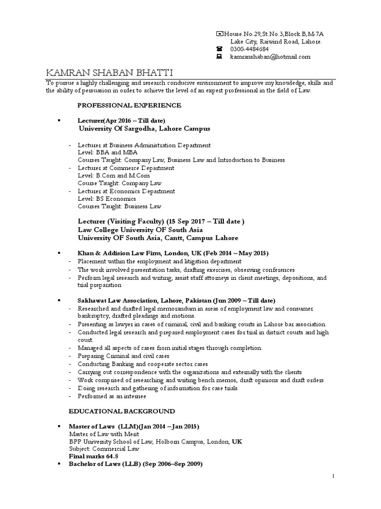 CV-Kamran1 - Copy One (Kamran Shaban Bhatti) | PDF | Legal Education | Lawyer