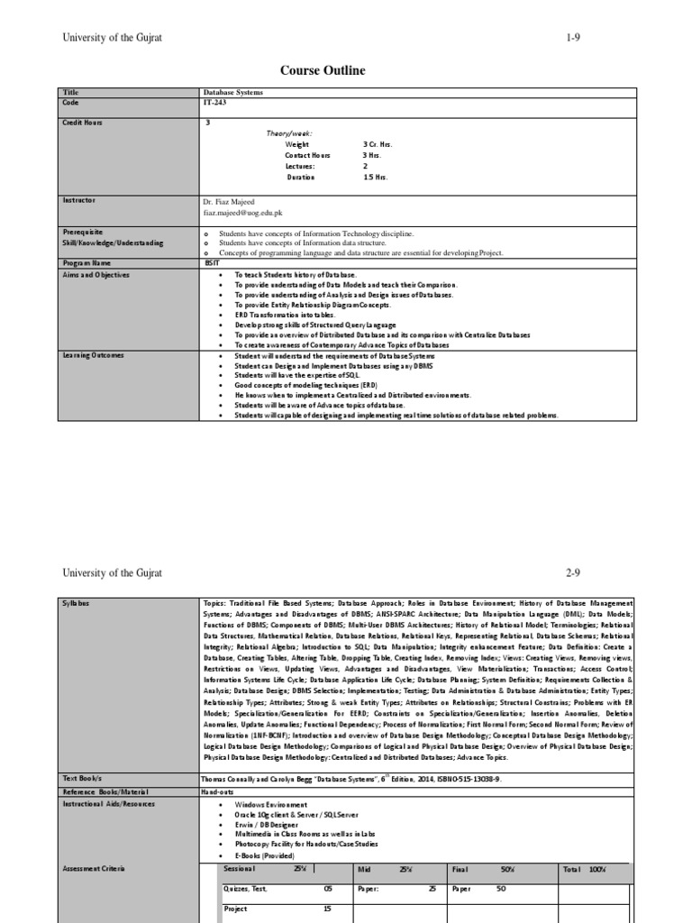 IT-243 DBS Outline Fall2017 | PDF | Relational Database | Databases