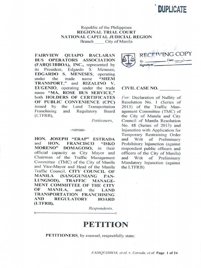 Sample Petition Injunction PDF | PDF | Government | Public Law