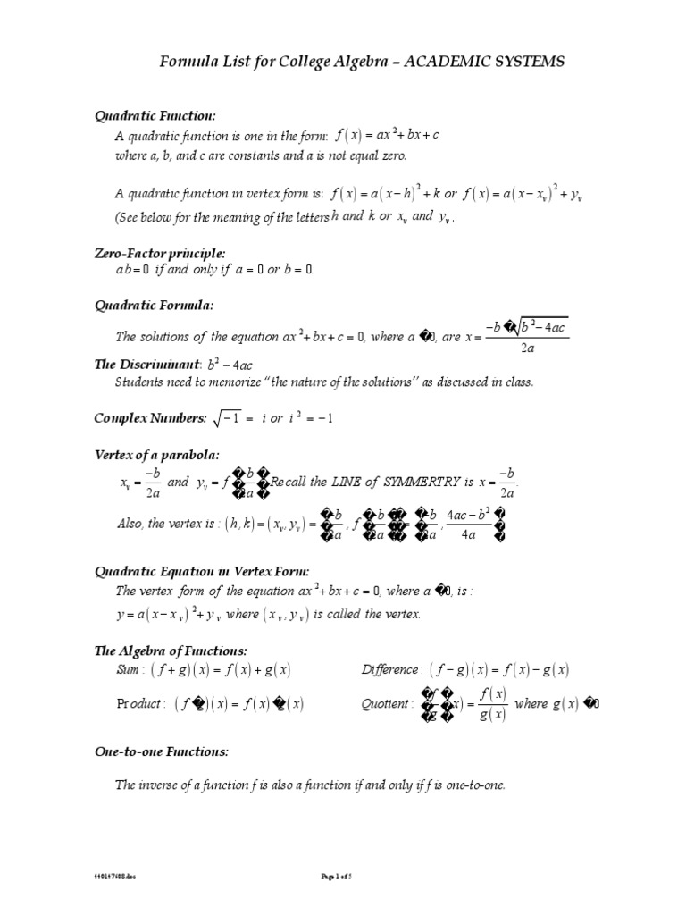 MAC1105 College Algebra All Formulas List Academic Systems | PDF ...