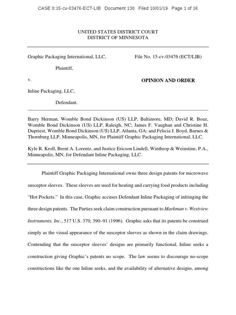 Graphic Packaging v. Inline Packaging - Claim Construction Order | PDF ...