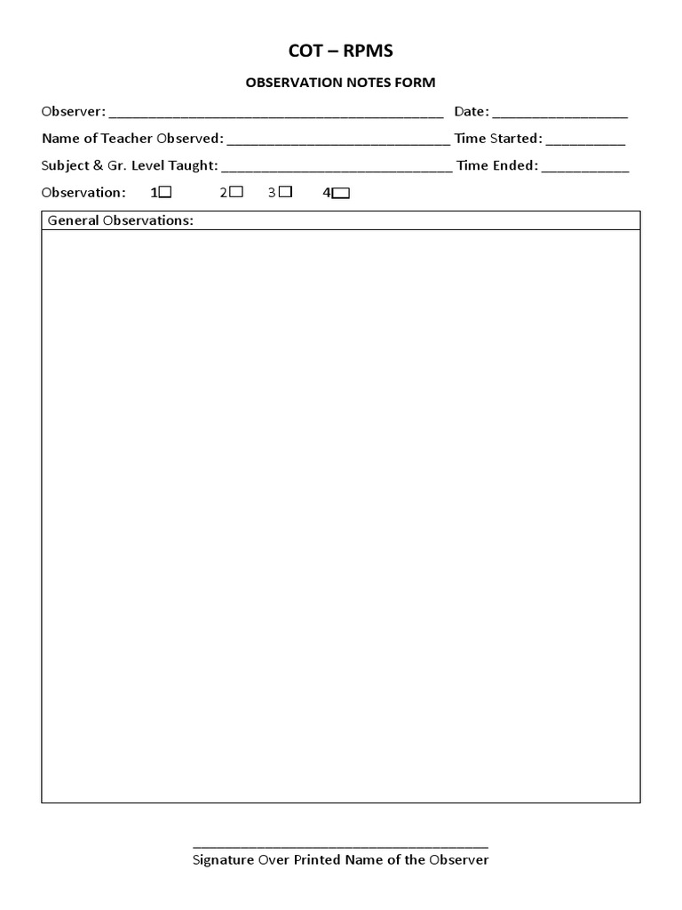 Cot - RPMS: Observation Notes Form | PDF | Career & Growth