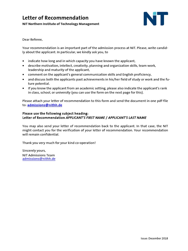NIT Letter of Recommendation | PDF | Cognition | Communication