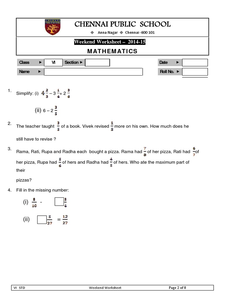 Class 6 Fraction Worksheet | PDF