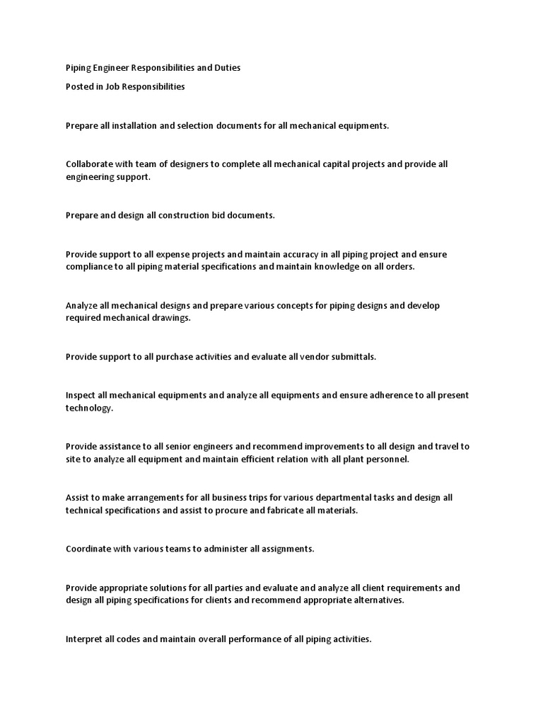 Piping Engineer Responsibilities and Duties | PDF | Engineering ...