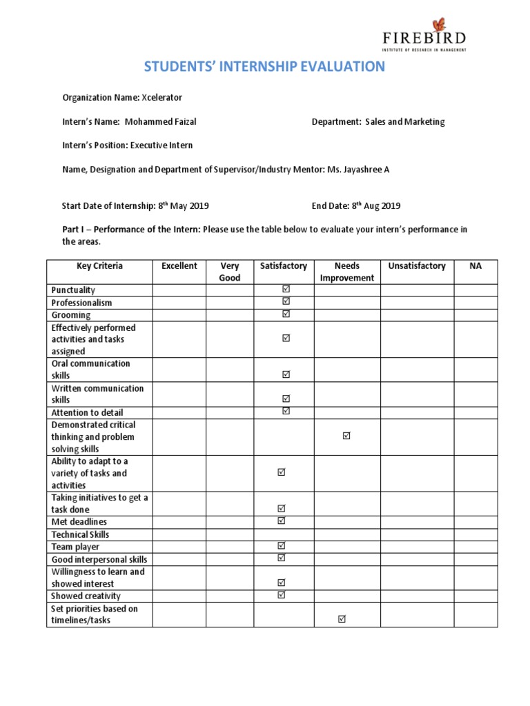 Student Internship Feedback Form - Mohammed Faizal | PDF | Internship ...