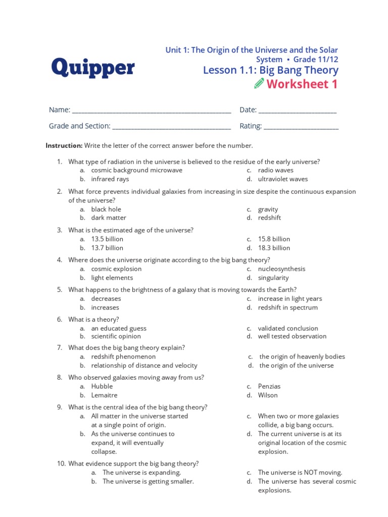 Earth Science SHS 1.1 Worksheet 1 | PDF | Big Bang | Redshift