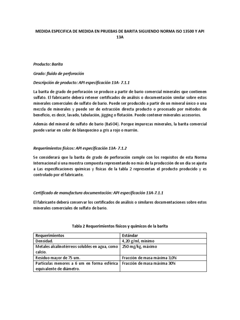 Medida Especifica de Medida en Pruebas de Barita Siguiendo Norma Iso 13500 y API 13a | PDF