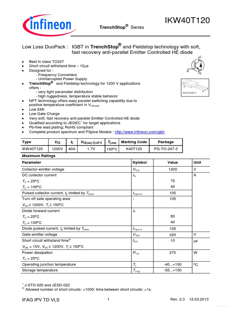 K40T120 Infineon | PDF | Diode | Electrical Resistance And Conductance