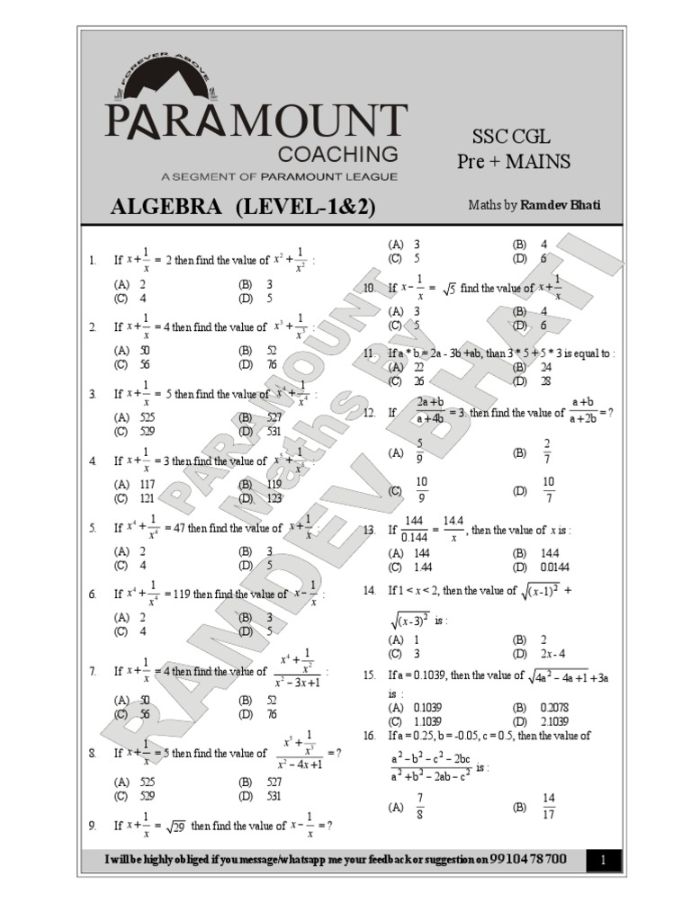 P R Mount: Algebra (Level-1&2) | PDF | Algebra | Teaching Mathematics