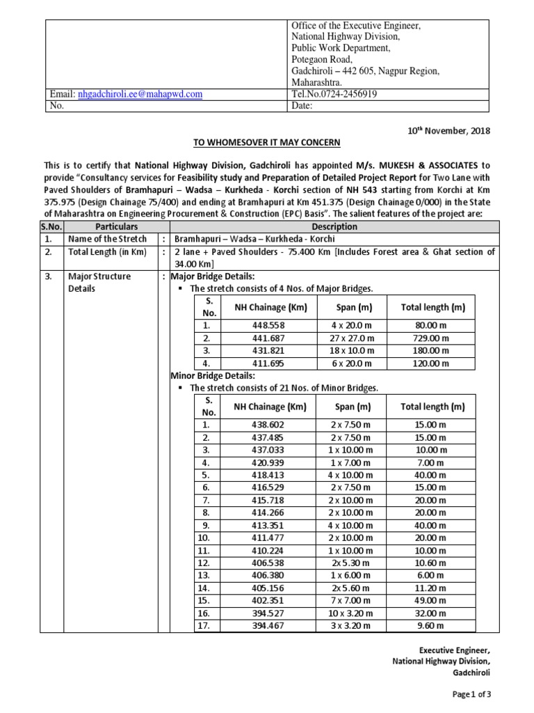 Draft Certificate - Final DPR Submitted - Brahmapuri With Bridge ...