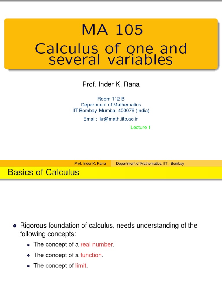 MA 105 Calculus of One and Several Variables: Prof. Inder K. Rana | PDF ...
