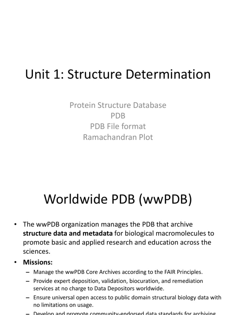 Unit 1: Structure Determination: Protein Structure Database PDB PDB ...