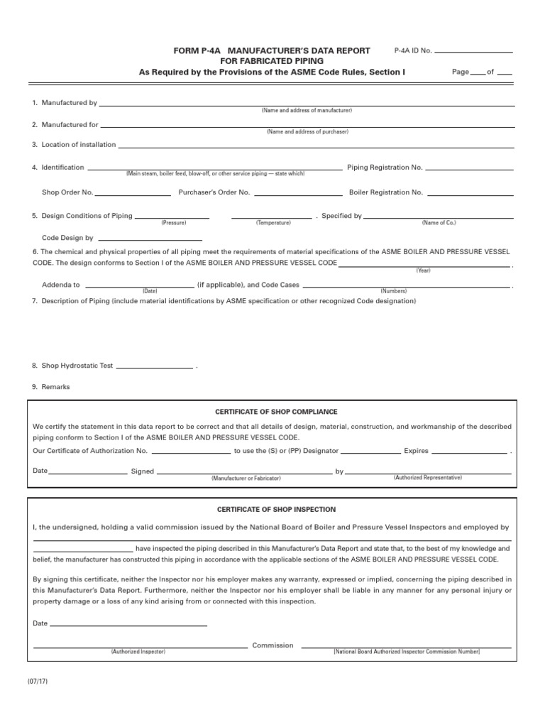 Form P-4A Manufacturer'S Data Report For Fabricated Piping As Required ...