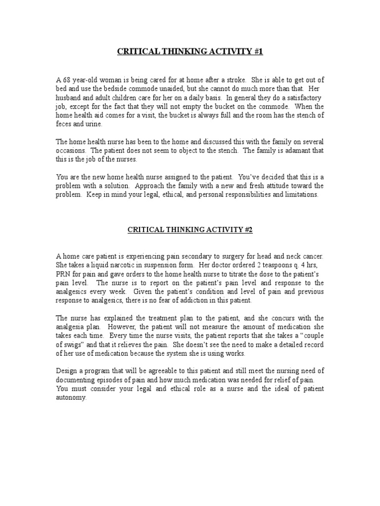 Critical Thinking Activities | PDF | Home Care | Nursing