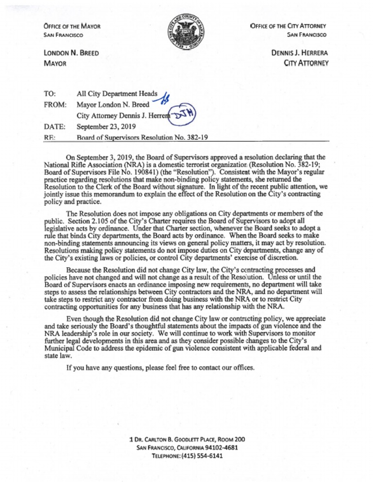 Letter To City Officials Regarding NRA 'Domestic Terrorist Organization ...
