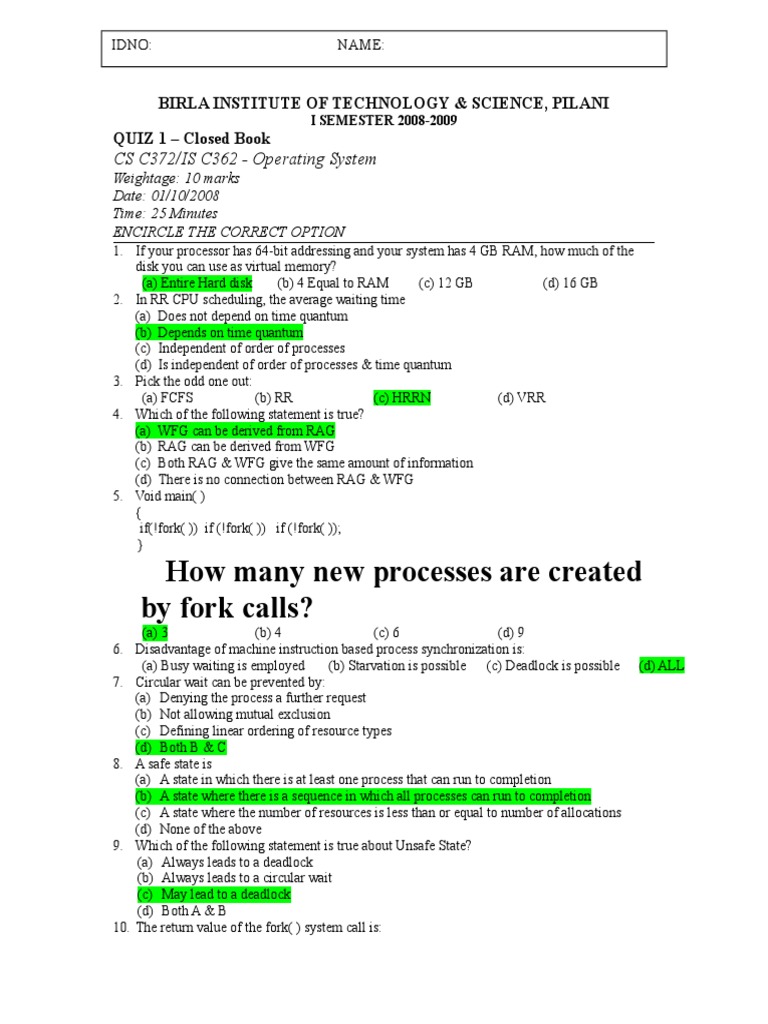 How Many New Processes Are Created by Fork Calls?: CS C372/IS C362 ...