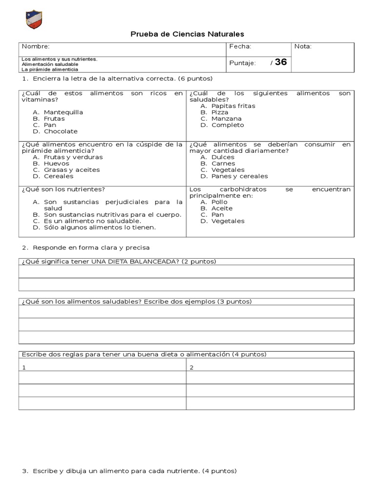 Prueba de Nutrición para Estudiantes | PDF | Dieta | Alimentos