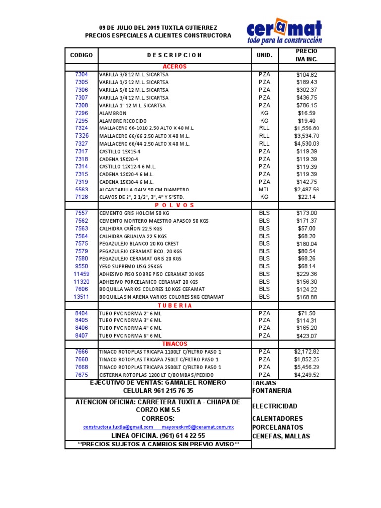 Lista Precios Tuxtla Clientes Ceramat PDF | PDF