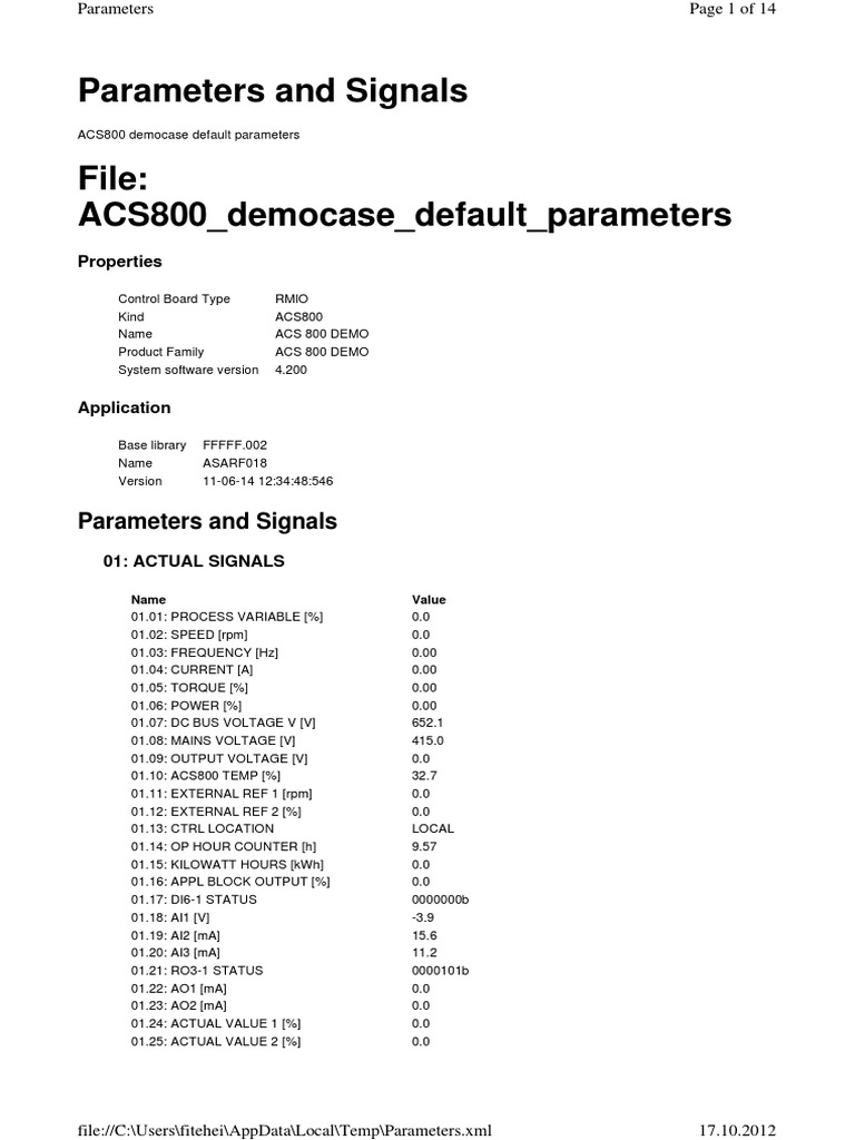 ACS800 Democase Default Parameters | PDF | Parameter (Computer Programming) | Alternating Current