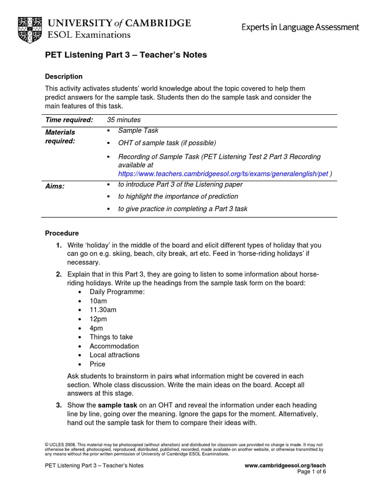 PET Listening Part 3 - Teacher's Notes: Time Required: Materials ...