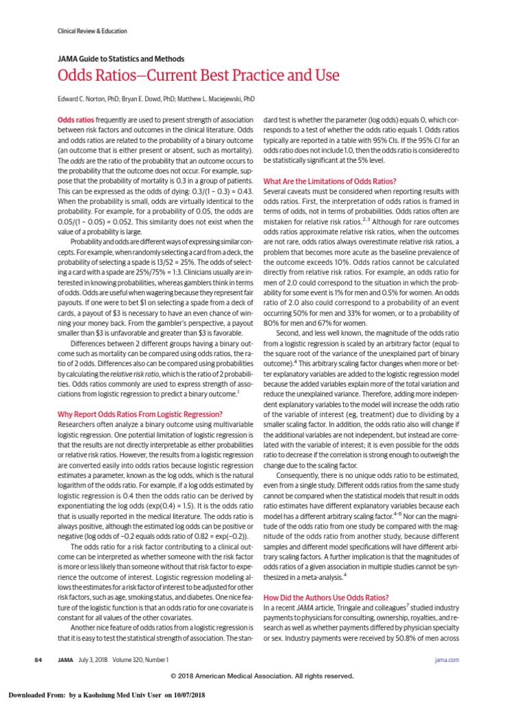 Odds Ratios-Current Best Practice and Use: JAMA Guide To Statistics and Methods | PDF | Logistic ...