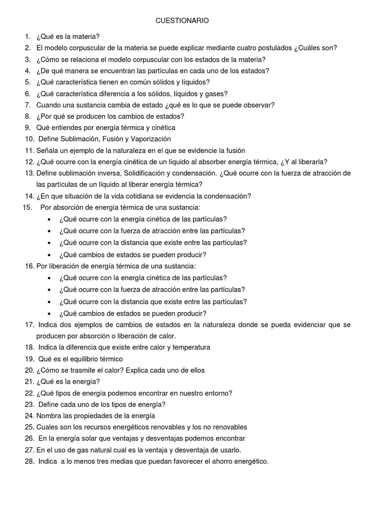 Cuestionario Materia Energía | PDF | Calor | Importar