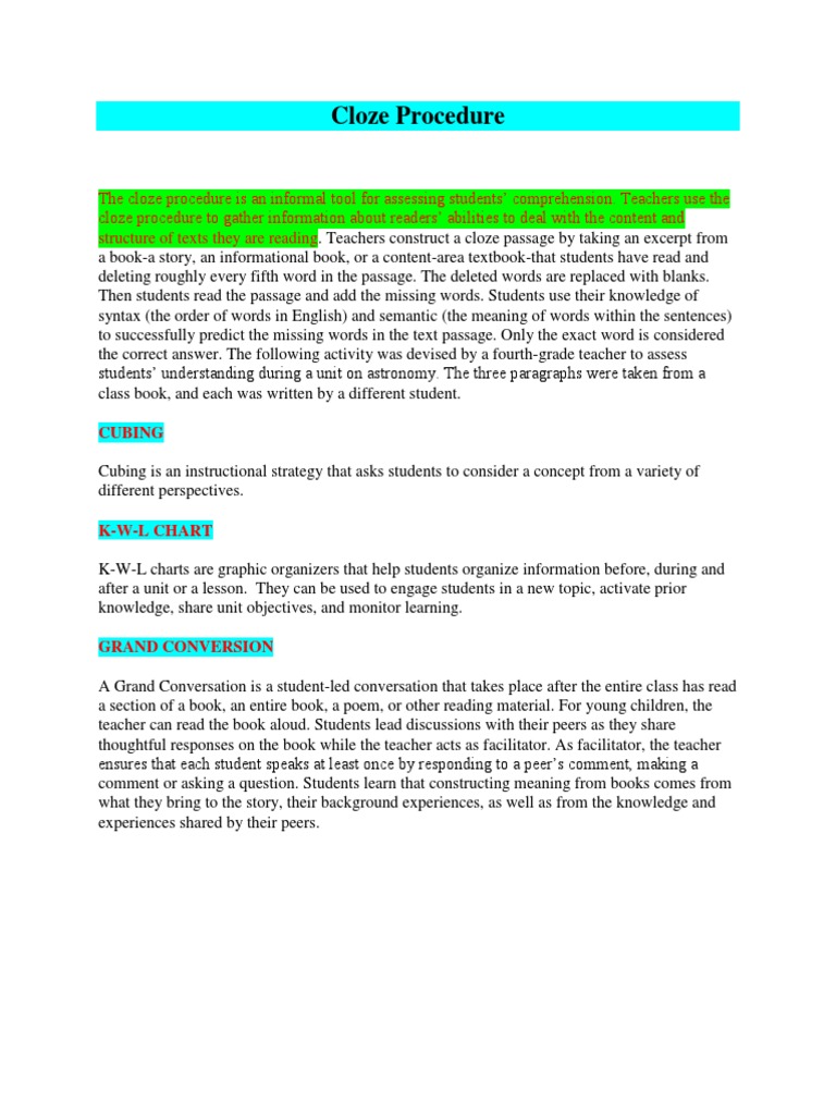 Cloze Procedure | PDF | Language Arts & Discipline | Science & Mathematics