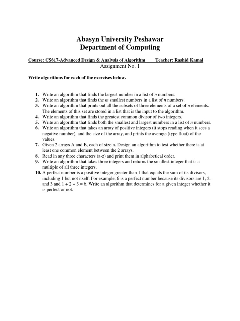 Algorithms for Common Computational Problems: Assignment Solutions for CS617 Course at Abasyn ...