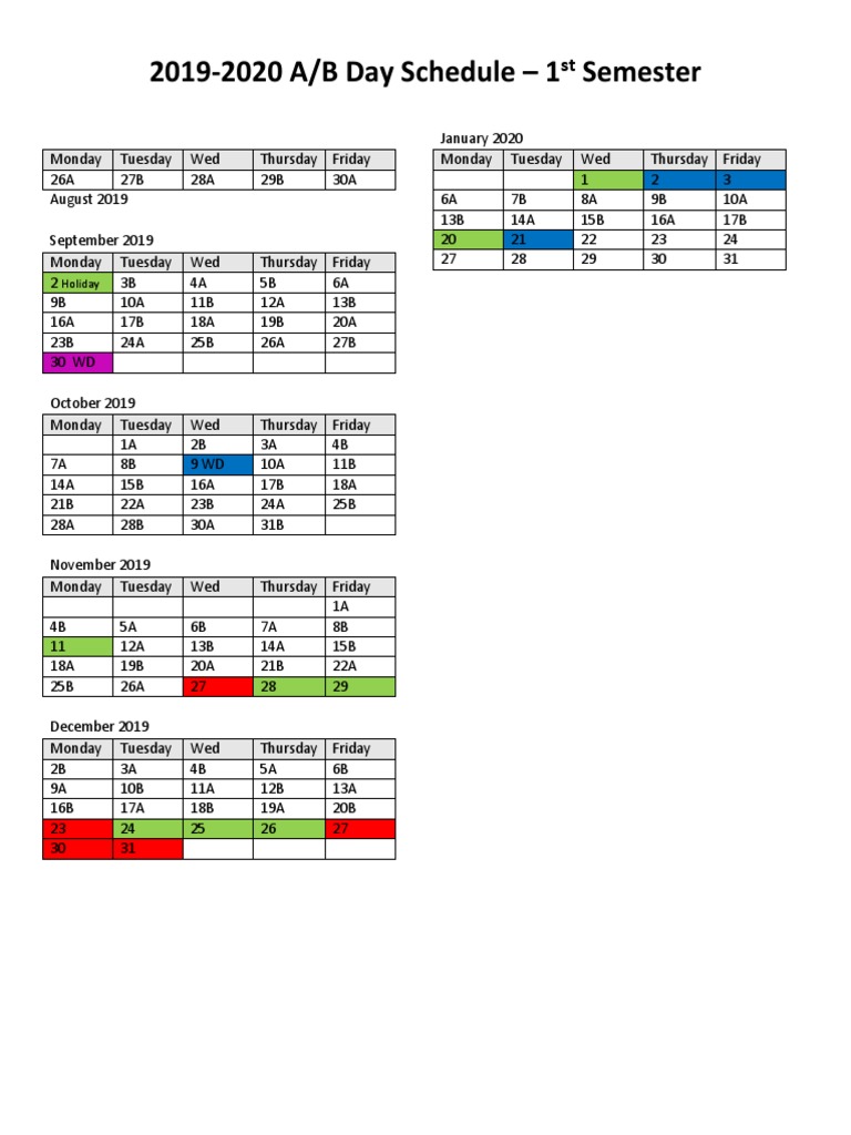 2019-2020 A/B Day Schedule - 1 Semester: Holiday | PDF