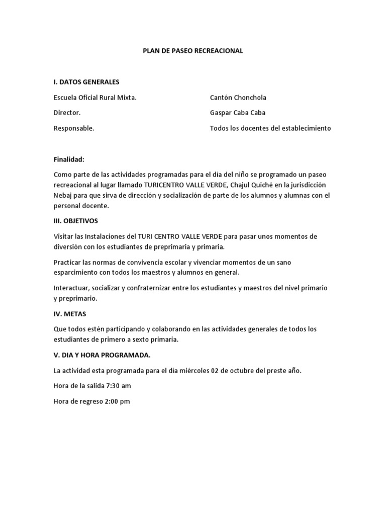 Plan de Paseo Recreacional | PDF | Equipos | Recreación